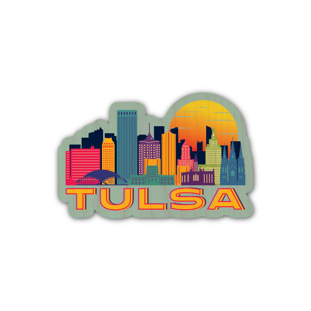 Tulsa Sunset Skyline Mini Wooden Sticker – Ida Red